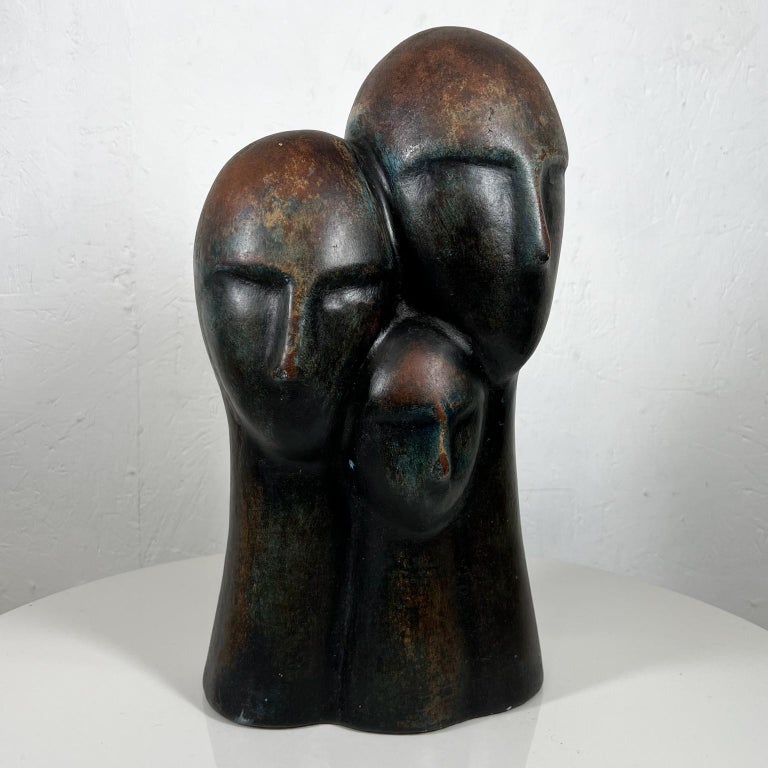 1970s Modernist Pottery Art Abstract 3-Head Sculpture Terracotta Bronze ...