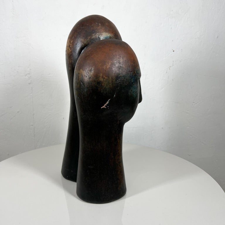 1970s Modernist Pottery Art Abstract 3-Head Sculpture Terracotta Bronze ...