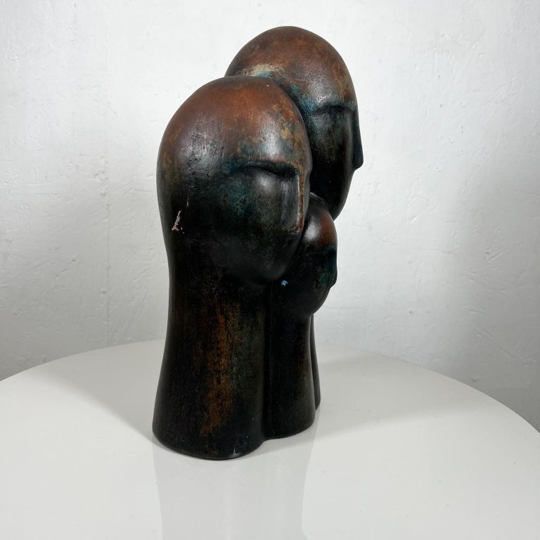 1970s Modernist Pottery Art Abstract 3-Head Sculpture Terracotta Bronze ...
