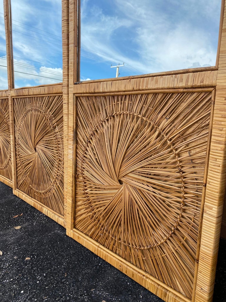 1970s Monumental Rattan Wicker Sunburst Wall Floor Mirror Panels For ...