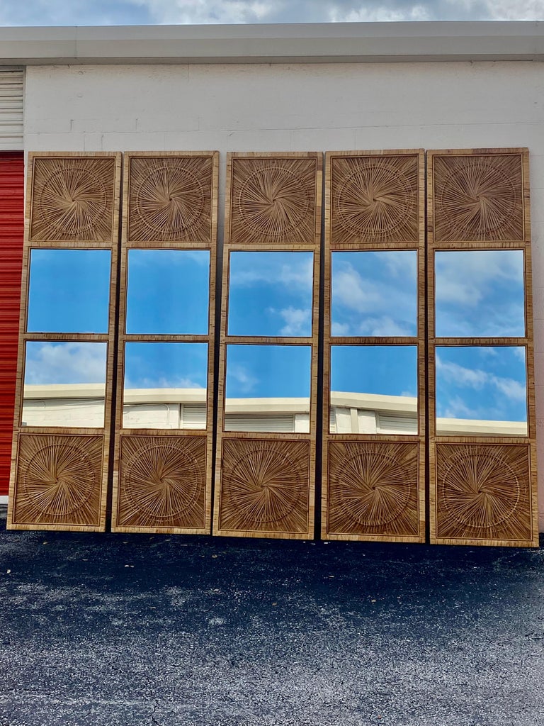 1970s Monumental Rattan Wicker Sunburst Wall Floor Mirror Panels For ...