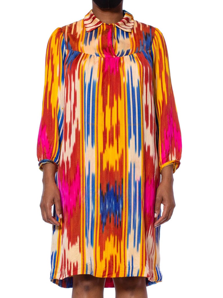 1970S Multicolor Hand Woven Silk Satin Ikat Tunic Dress For Sale at 1stDibs