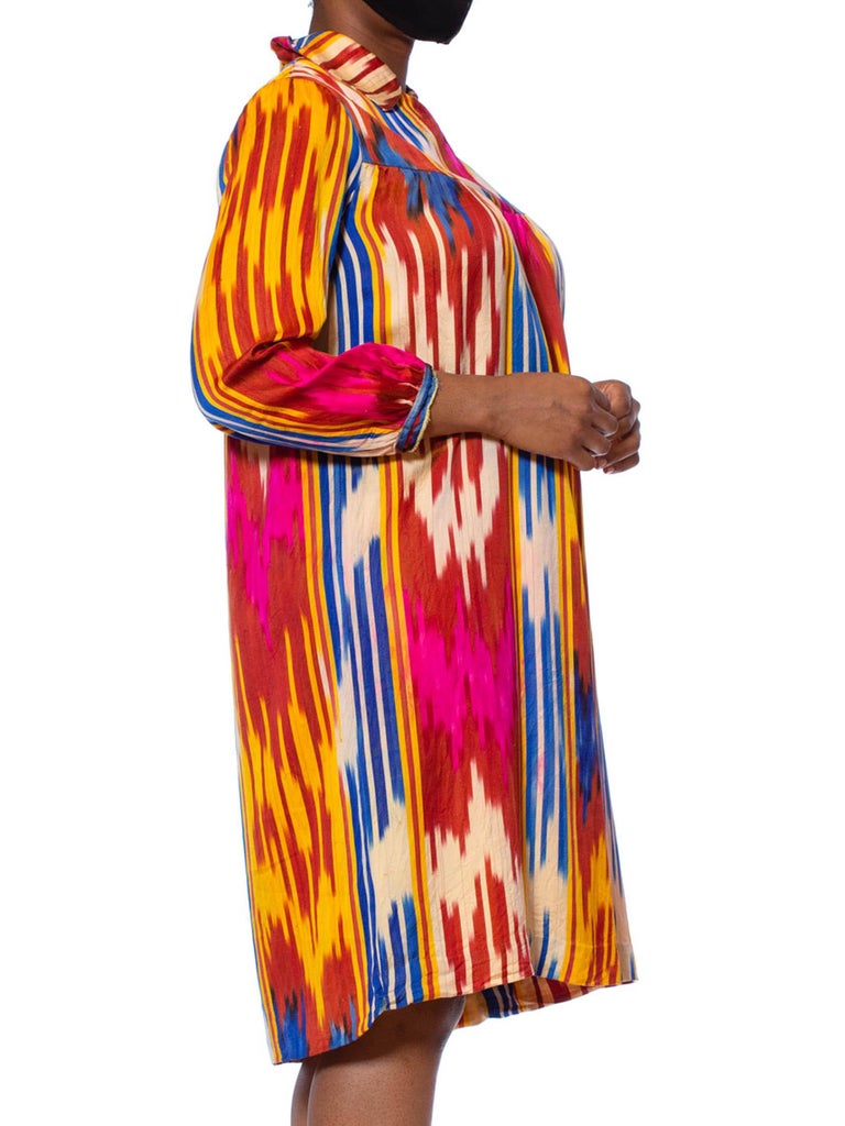 1970S Multicolor Hand Woven Silk Satin Ikat Tunic Dress For Sale at 1stDibs
