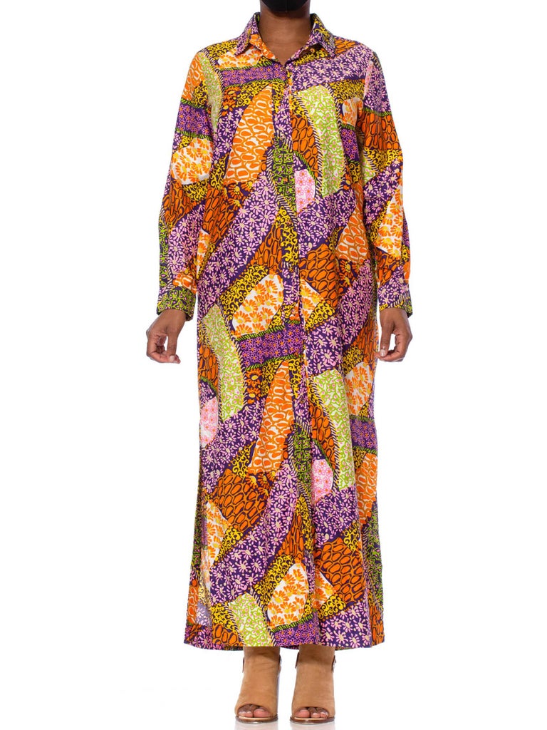 1970S Multicolor Psychedelic Cotton Maxi Duster Dress With Fabric Knot ...