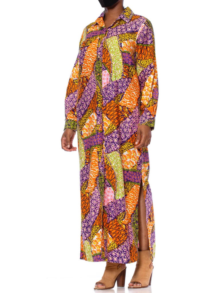 1970S Multicolor Psychedelic Cotton Maxi Duster Dress With Fabric Knot ...