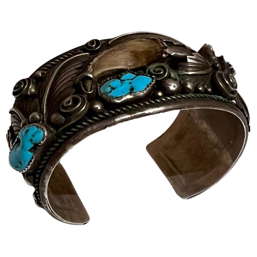 Vintage Six-Row Zuni Snake Eyes Sterling and Turquoise Cuff Bracelet at ...