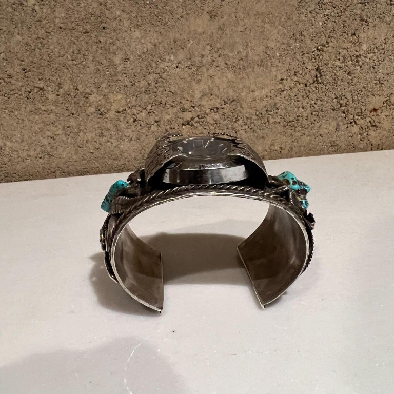1970s Navajo Southwestern Silver and Stone Decorative Cuff Bracelet Watch Band For Sale at 1stDibs