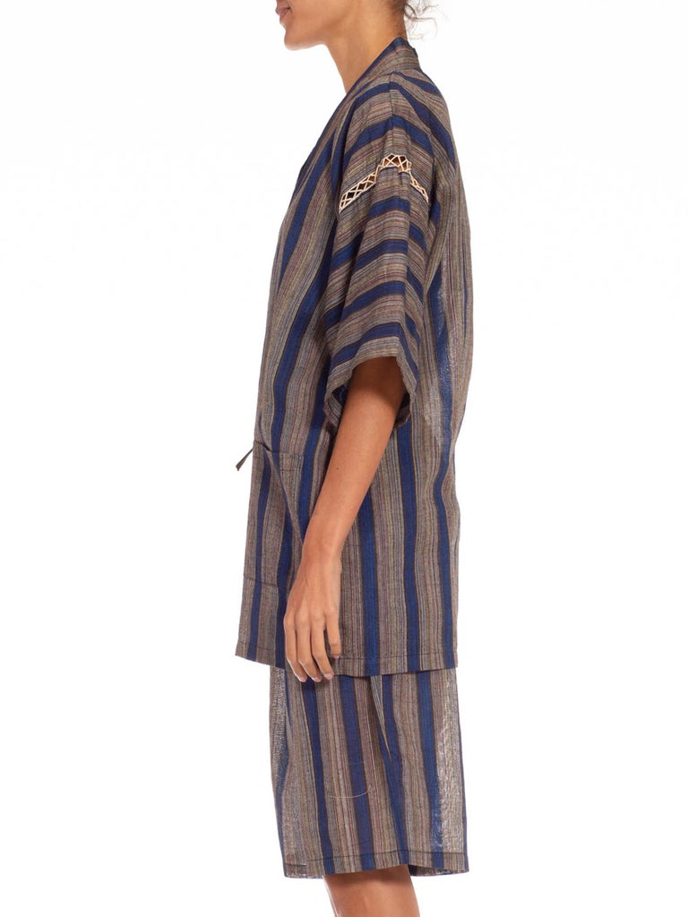 1970S Navy Blue and Grey Cotton Blend Japanese Striped Ensemble For ...