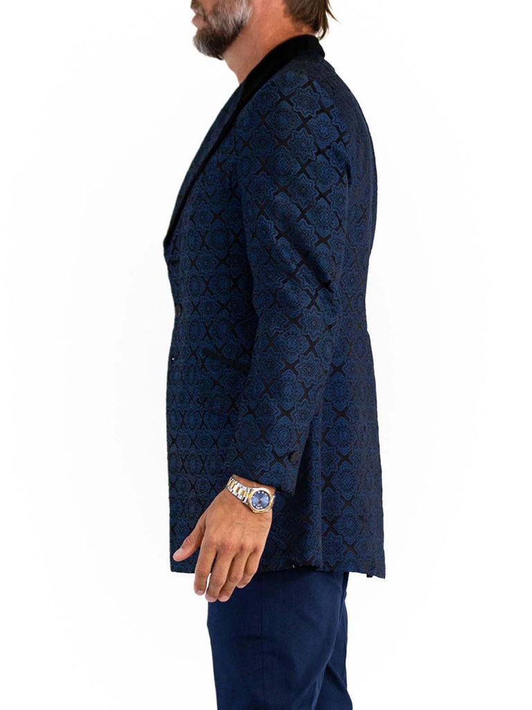 1970S Navy Blue Poly Blend Jacquard Dinner Jacket With Black Velvet ...