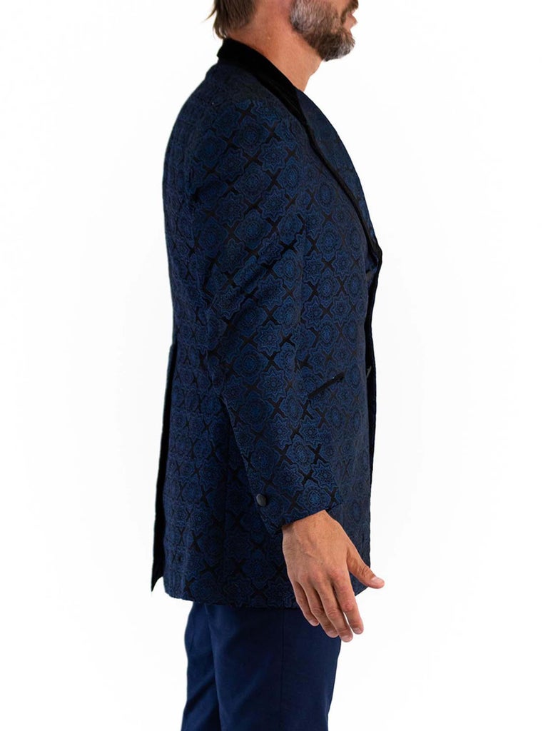 1970S Navy Blue Poly Blend Jacquard Dinner Jacket With Black Velvet ...
