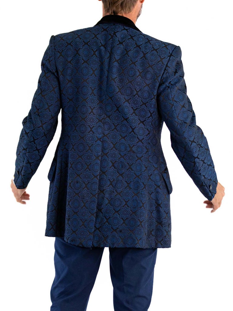 1970S Navy Blue Poly Blend Jacquard Dinner Jacket With Black Velvet ...