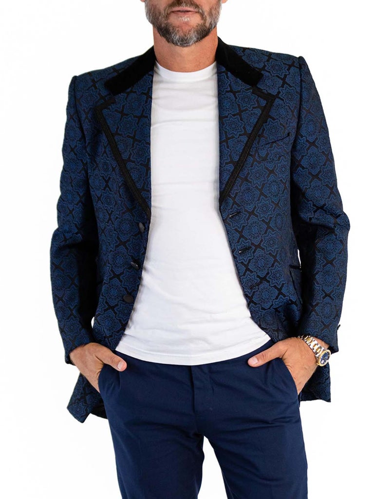 1970S Navy Blue Poly Blend Jacquard Dinner Jacket With Black Velvet ...