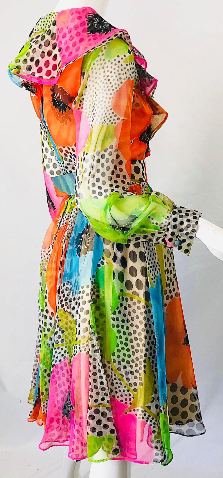 1970s Neon Chiffon Flowers + Polka Dots Ruffle Neck Vintage 70s Belted ...