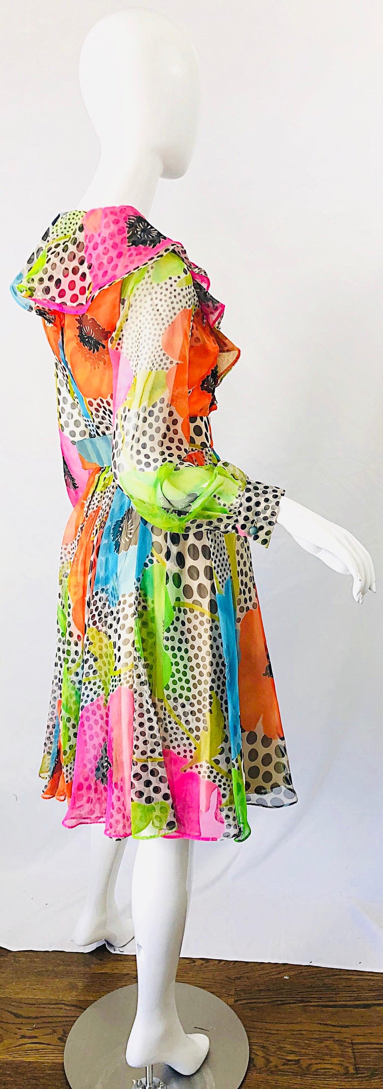 1970s Neon Chiffon Flowers + Polka Dots Ruffle Neck Vintage 70s Belted ...