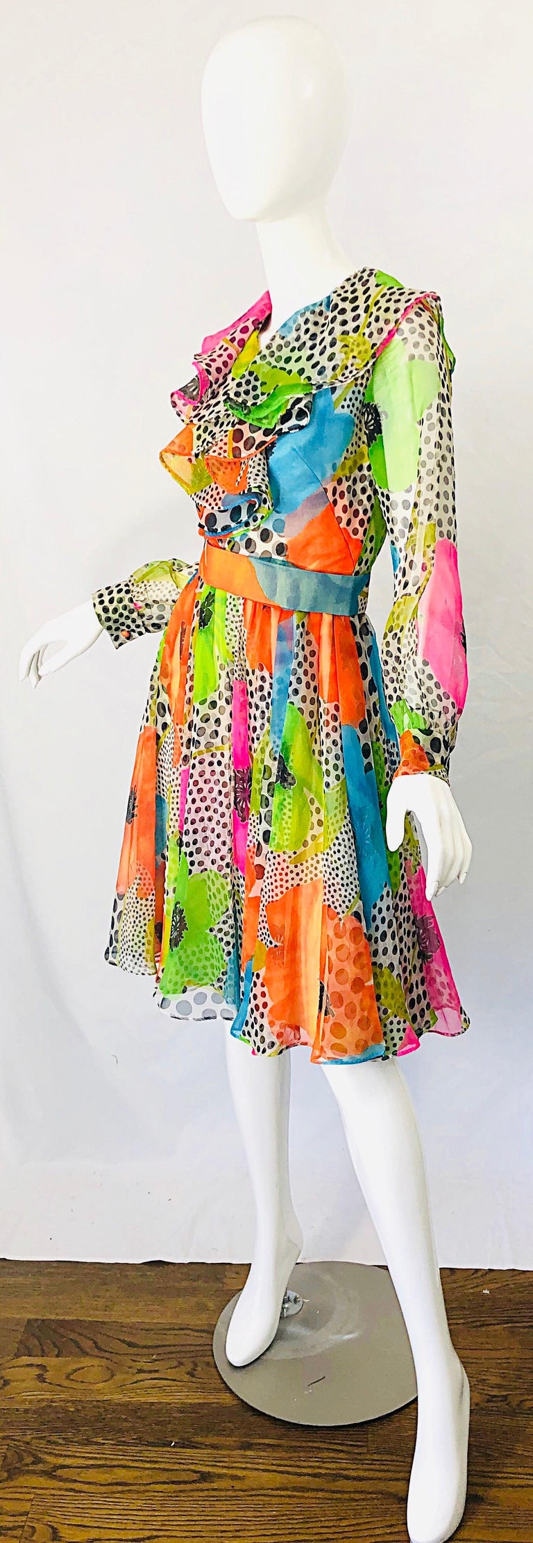 1970s Neon Chiffon Flowers + Polka Dots Ruffle Neck Vintage 70s Belted ...