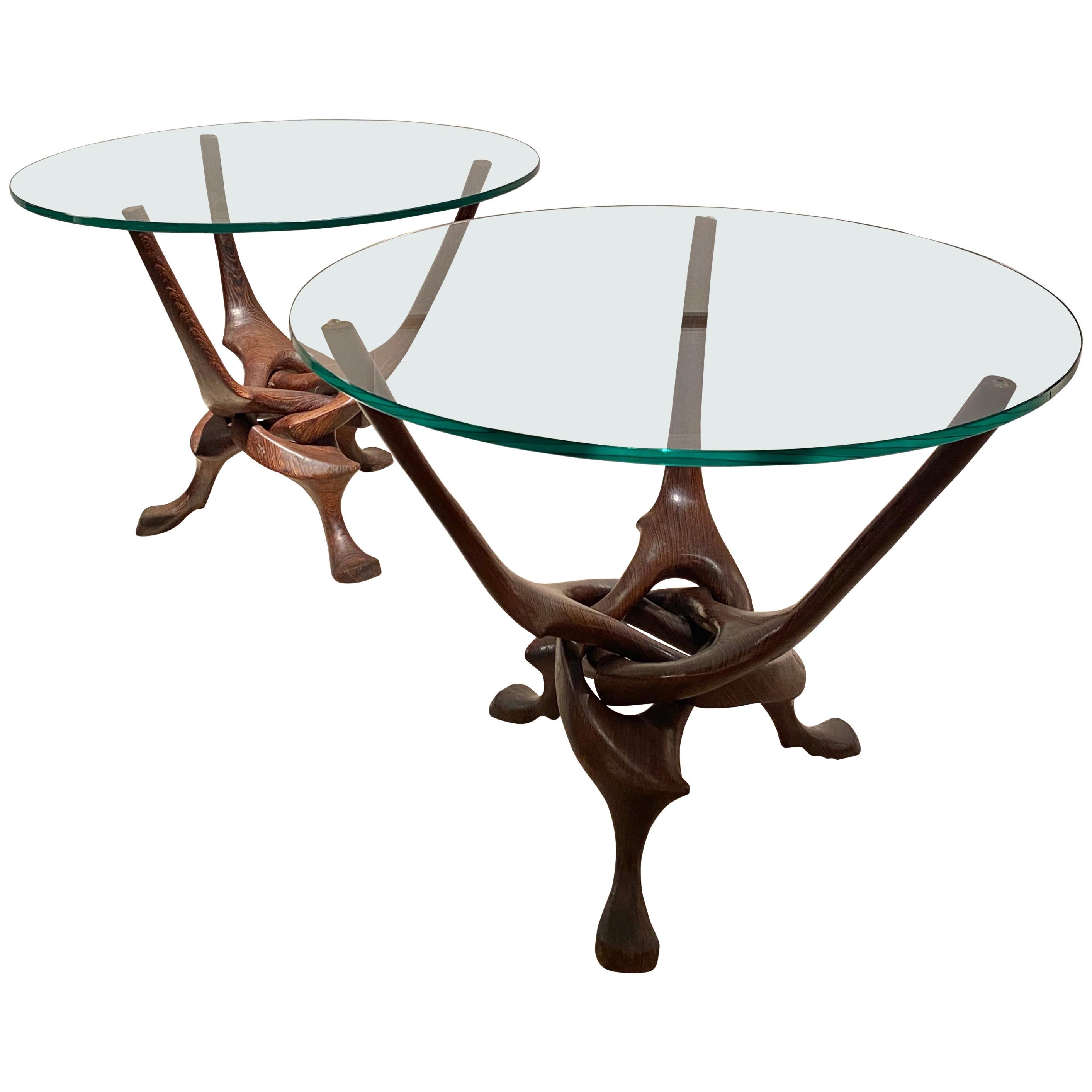 1970s Organic Wood and Glass Top Side Tables at 1stDibs