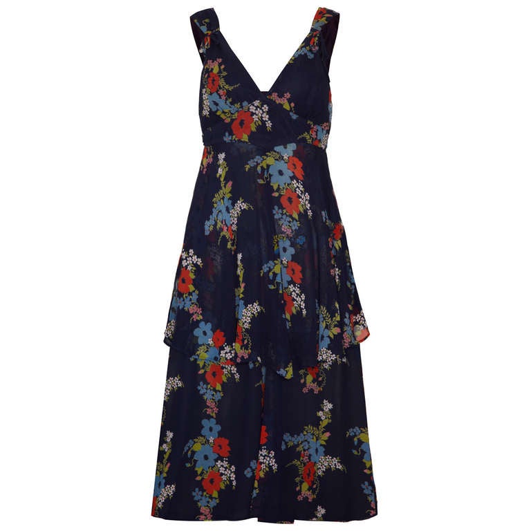 1970’s Ossie Clark Blue Chiffon Floral Dress With Ceila Birtwell Print ...