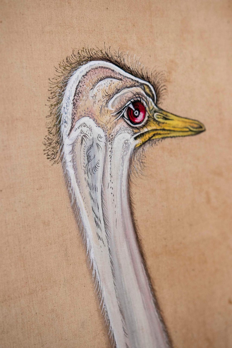 1970s Ostrich Picture Painted on Canvas and Framed in Bamboo For Sale ...