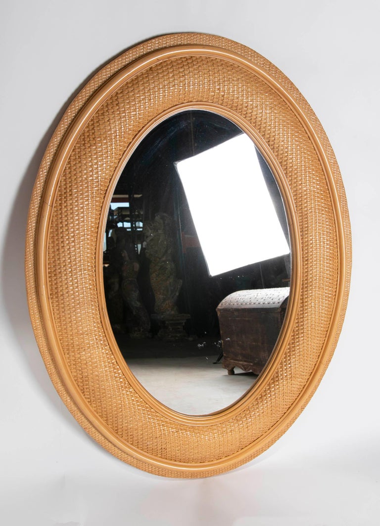 1970s Oval Wicker Wall Mirror For Sale at 1stDibs