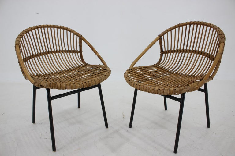 1970s Pair of Alan Fuchs Rattan and Iron Lounge Chairs, Czechoslovakia ...
