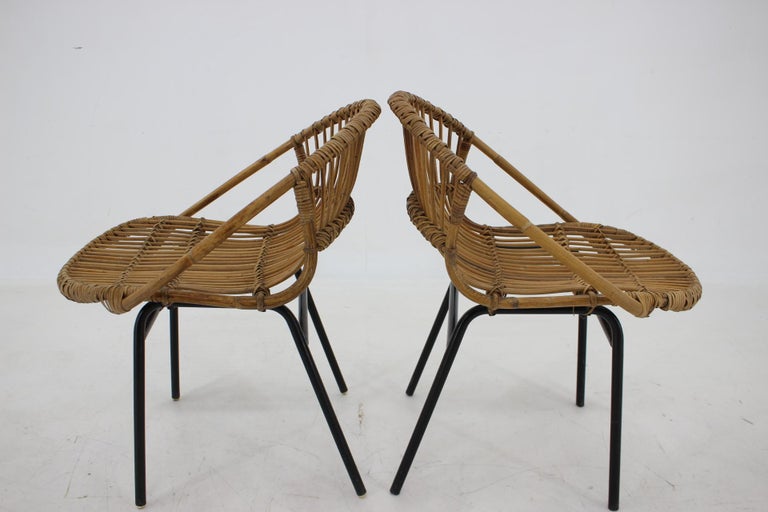 1970s Pair of Alan Fuchs Rattan and Iron Lounge Chairs, Czechoslovakia ...