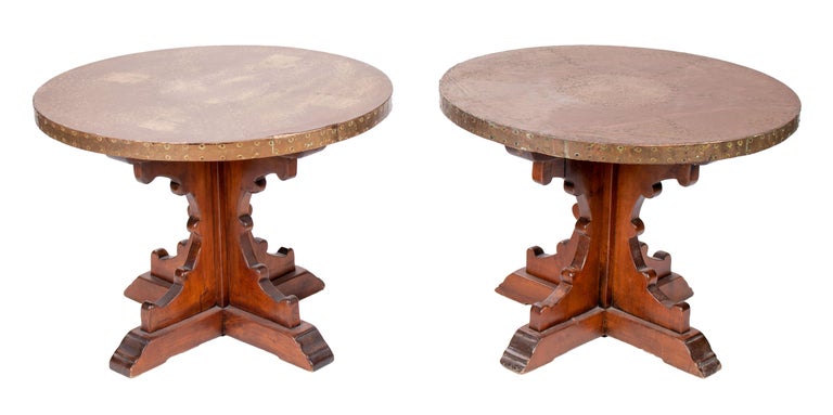1970s Pair of French Brass Top Auxiliary Tables with Wooden Legs For ...