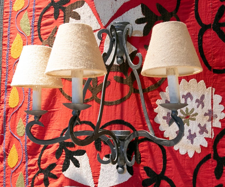1970s Pair of Iron Wall Sconces with Lampshades For Sale at 1stDibs