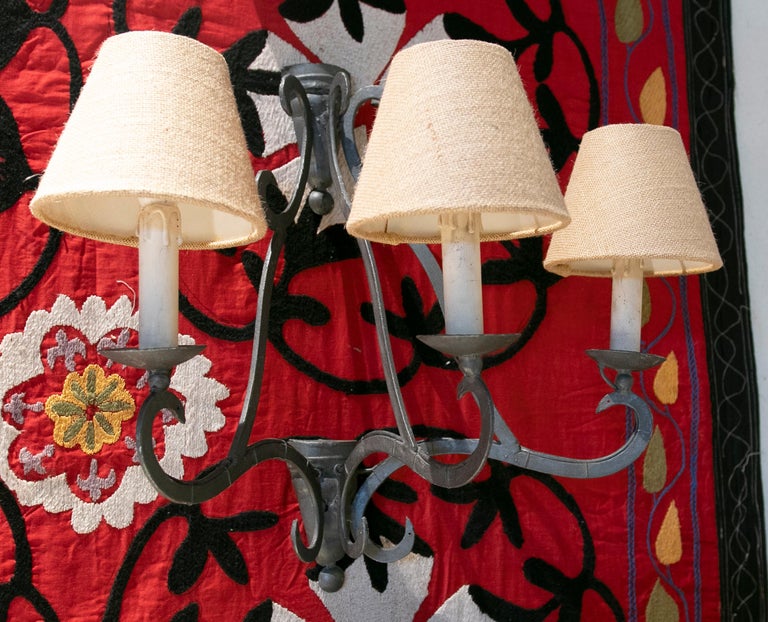 1970s Pair of Iron Wall Sconces with Lampshades For Sale at 1stDibs