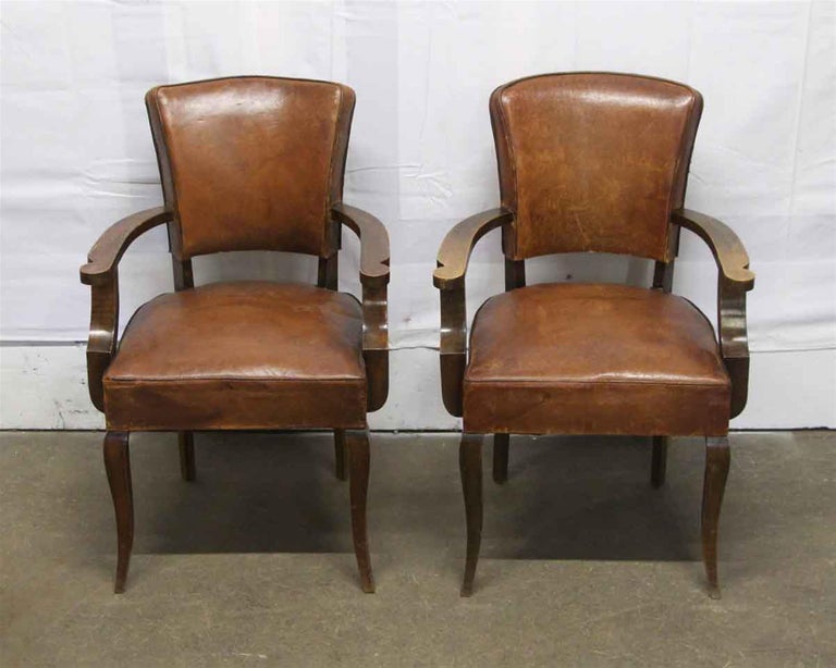 1970s Pair of Leather and Dark Tone Wood French Bridge Chairs with ...