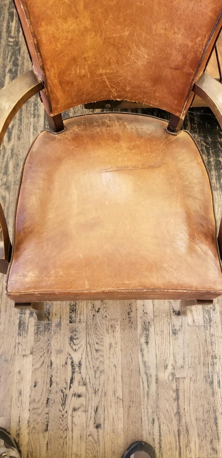 1970s Pair of Leather and Dark Tone Wood French Bridge Chairs with ...
