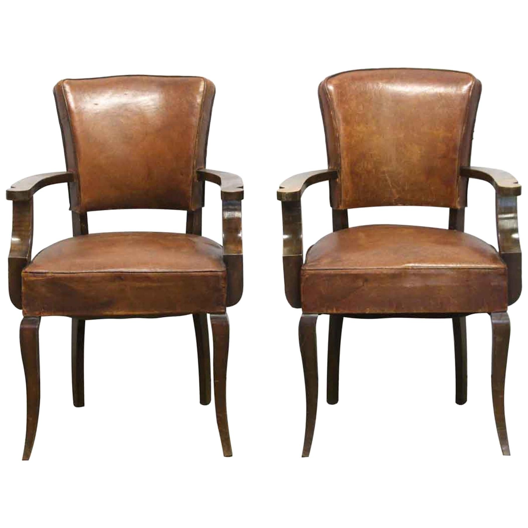 1970s Pair of Leather and Dark Tone Wood French Bridge Chairs with ...