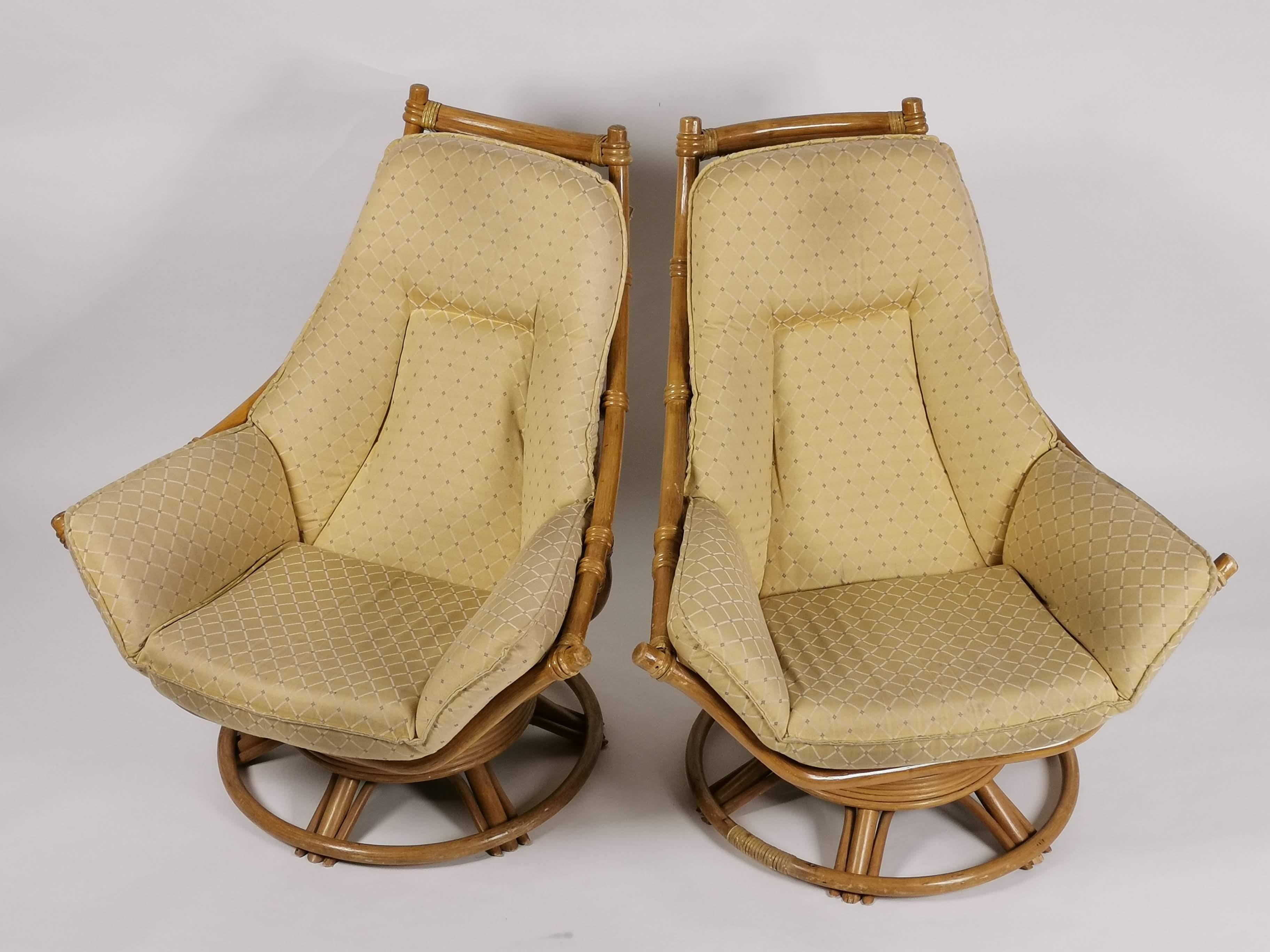 1970s Pair of Rattan Rocking and Swivel Lounge Chair with Ottoman , USA ...