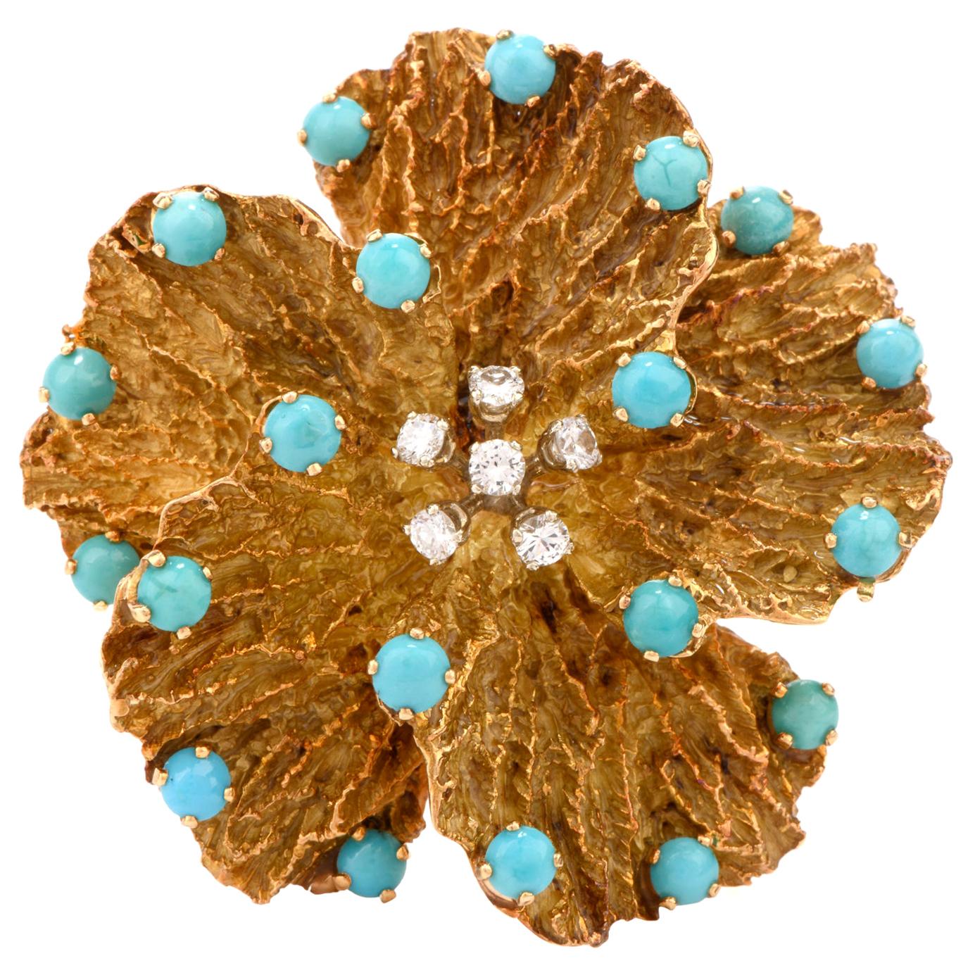 1970s Turquoise Diamond Gem Stone Gold Brooch Pin For Sale at 1stDibs