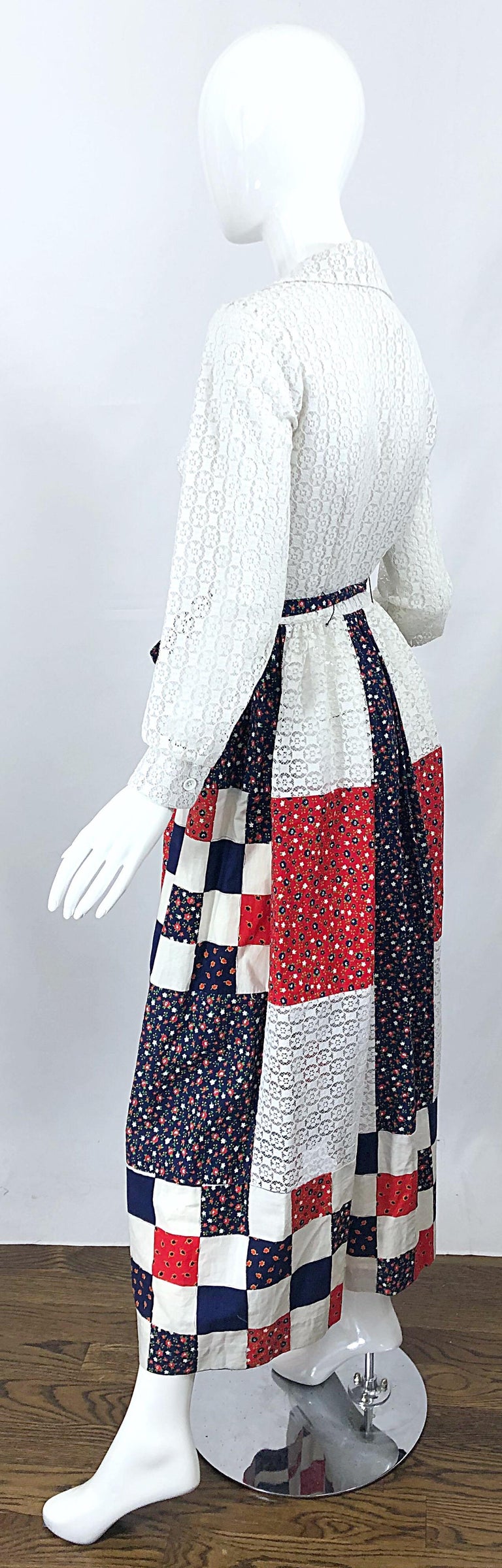 1970s Patchwork Eyelet Lace Red White and Blue Long Sleeve Vintage Maxi ...