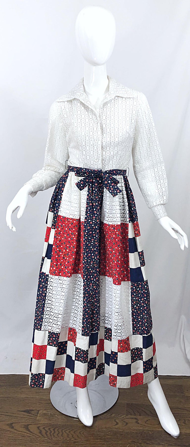 1970s Patchwork Eyelet Lace Red White and Blue Long Sleeve Vintage Maxi ...