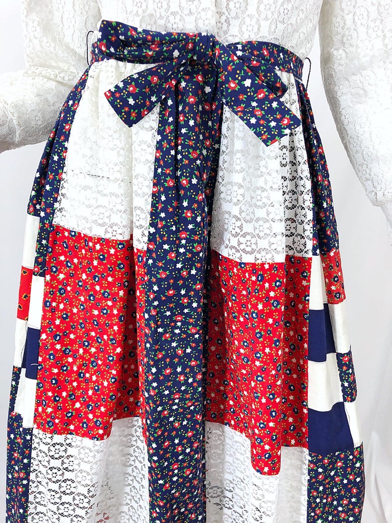 1970s Patchwork Eyelet Lace Red White and Blue Long Sleeve Vintage Maxi ...
