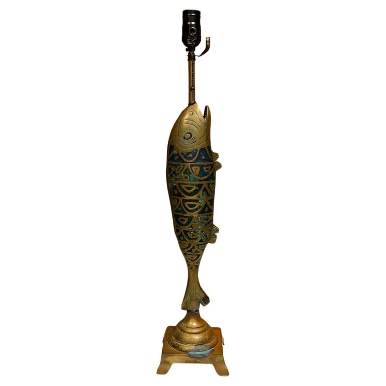 1970s Pepe Mendoza Fabulous Fish Table Lamp Malachite Bronze and Brass ...