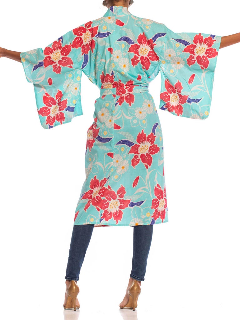 1970S Pink Floral On Aqua Cotton Japanese Kimono Robe With Sash Belt ...