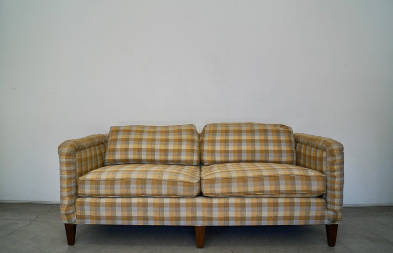1970s Plaid Linen Beverly Interiors Down-Filled Sofa For Sale at 1stDibs