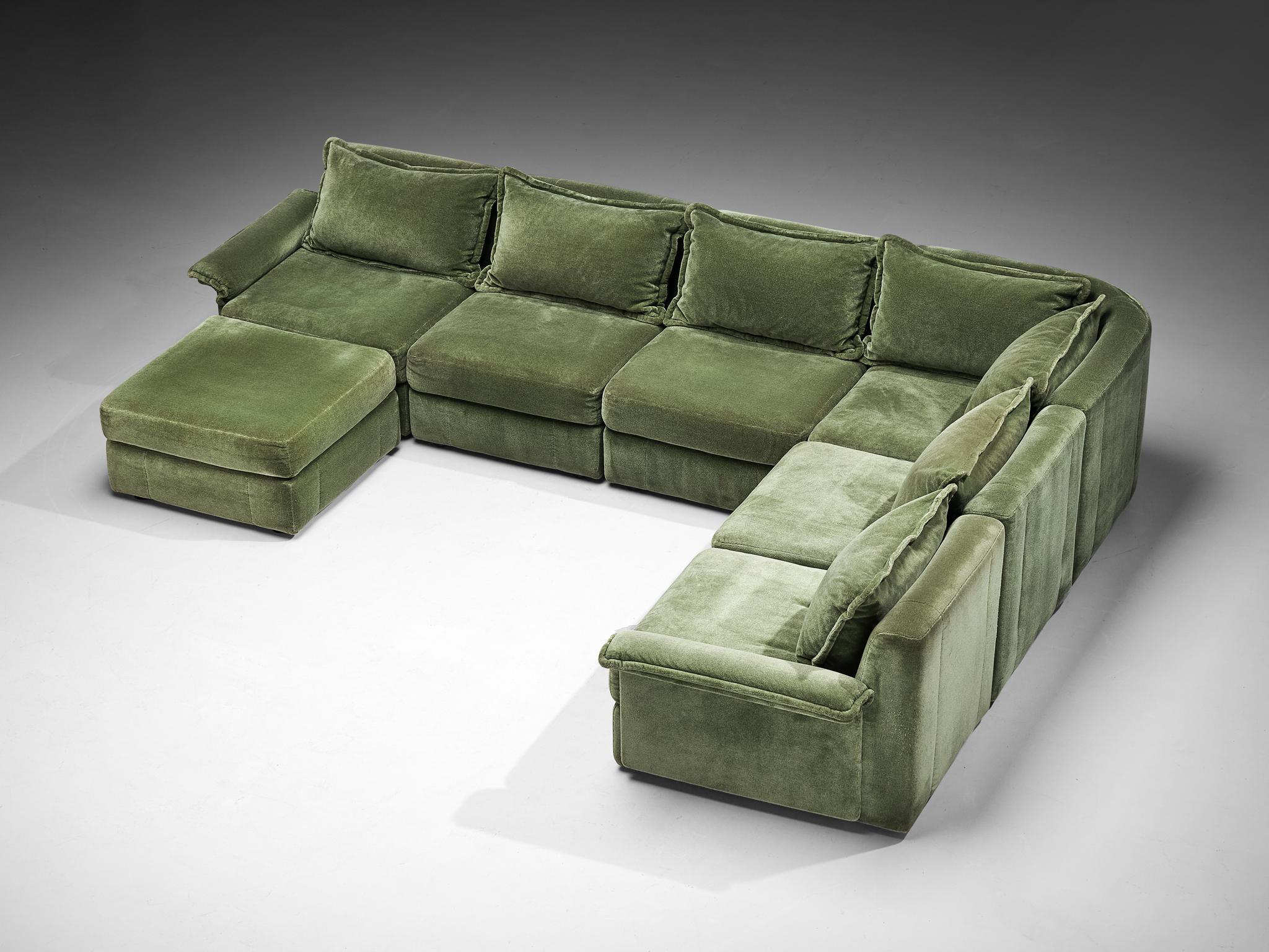 1970s Post-Modern Large Sectional Sofa in Green Velvet For Sale at 1stDibs