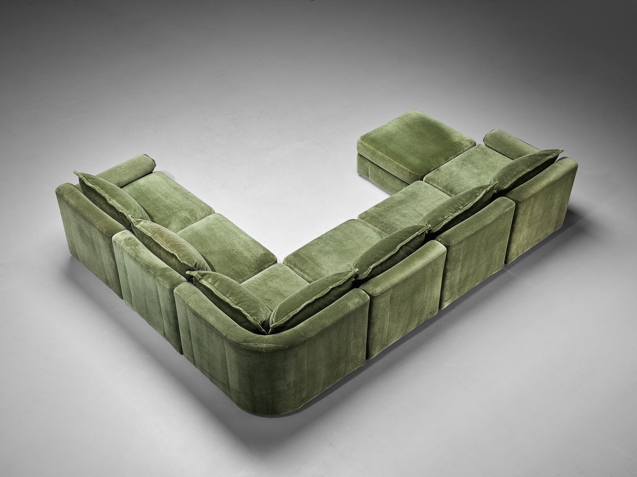 1970s Post-Modern Large Sectional Sofa in Green Velvet For Sale at 1stDibs