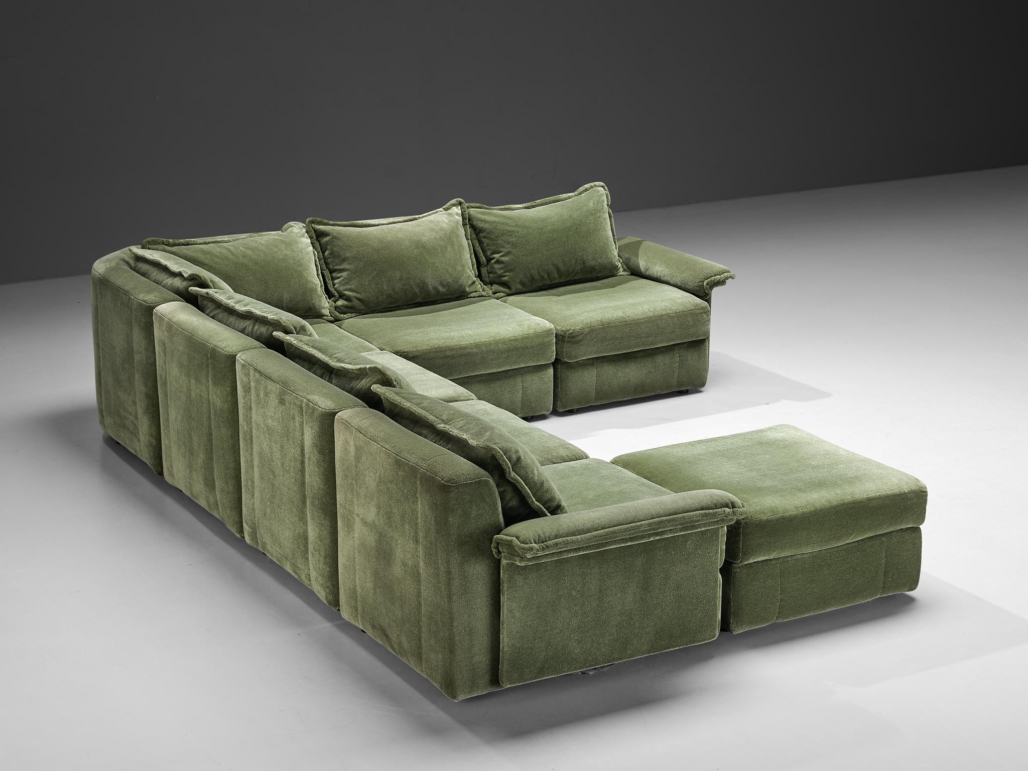1970s Post-Modern Large Sectional Sofa in Green Velvet For Sale at 1stDibs