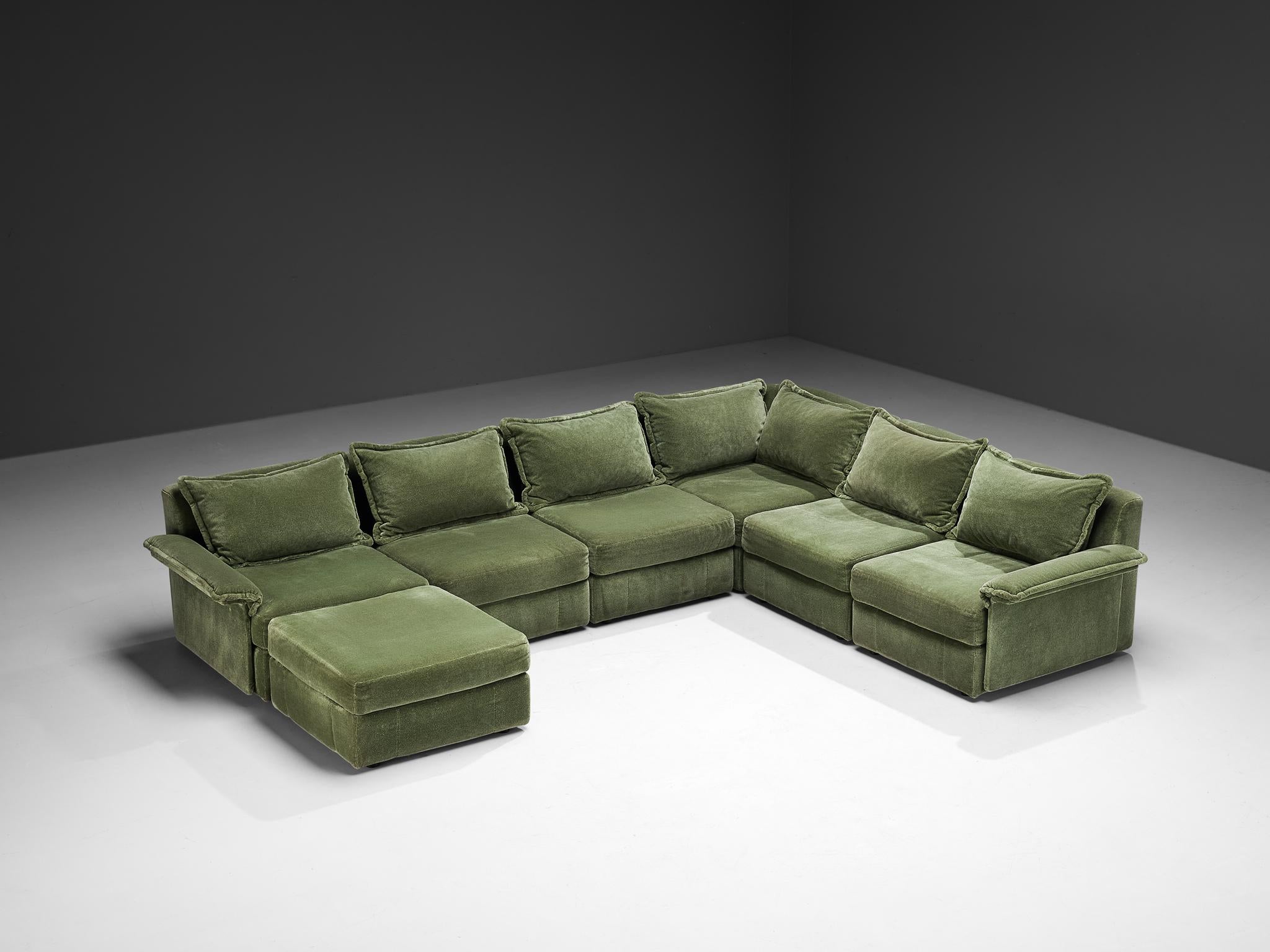 1970s Post-Modern Large Sectional Sofa in Green Velvet For Sale at 1stDibs
