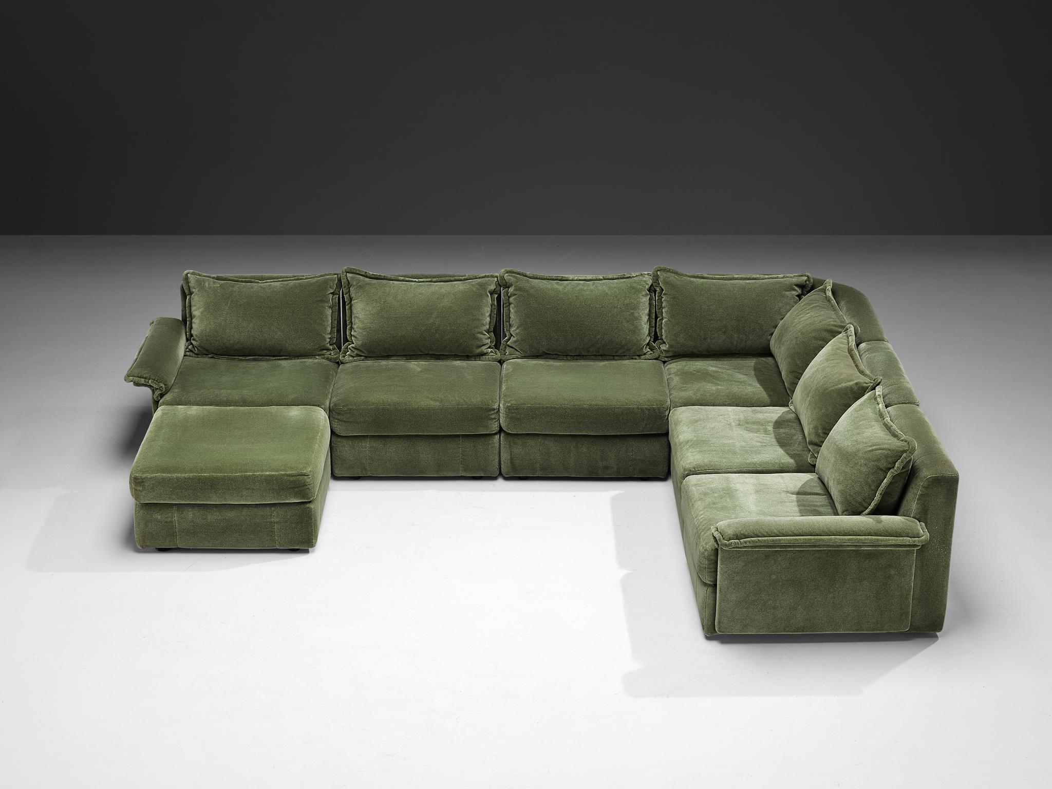 1970s Post-Modern Large Sectional Sofa in Green Velvet For Sale at 1stDibs