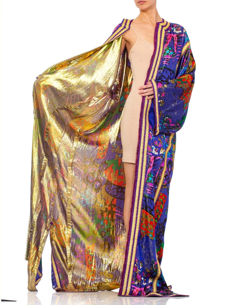 1970s Printed Gold Lamé Silk Extra Long Moroccan Style Kaftan At