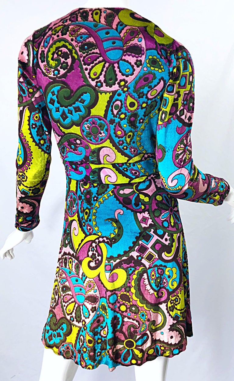 1970s Psychedelic Paisley Print Colorful Velour Vintage 70s Wrap Dress ...