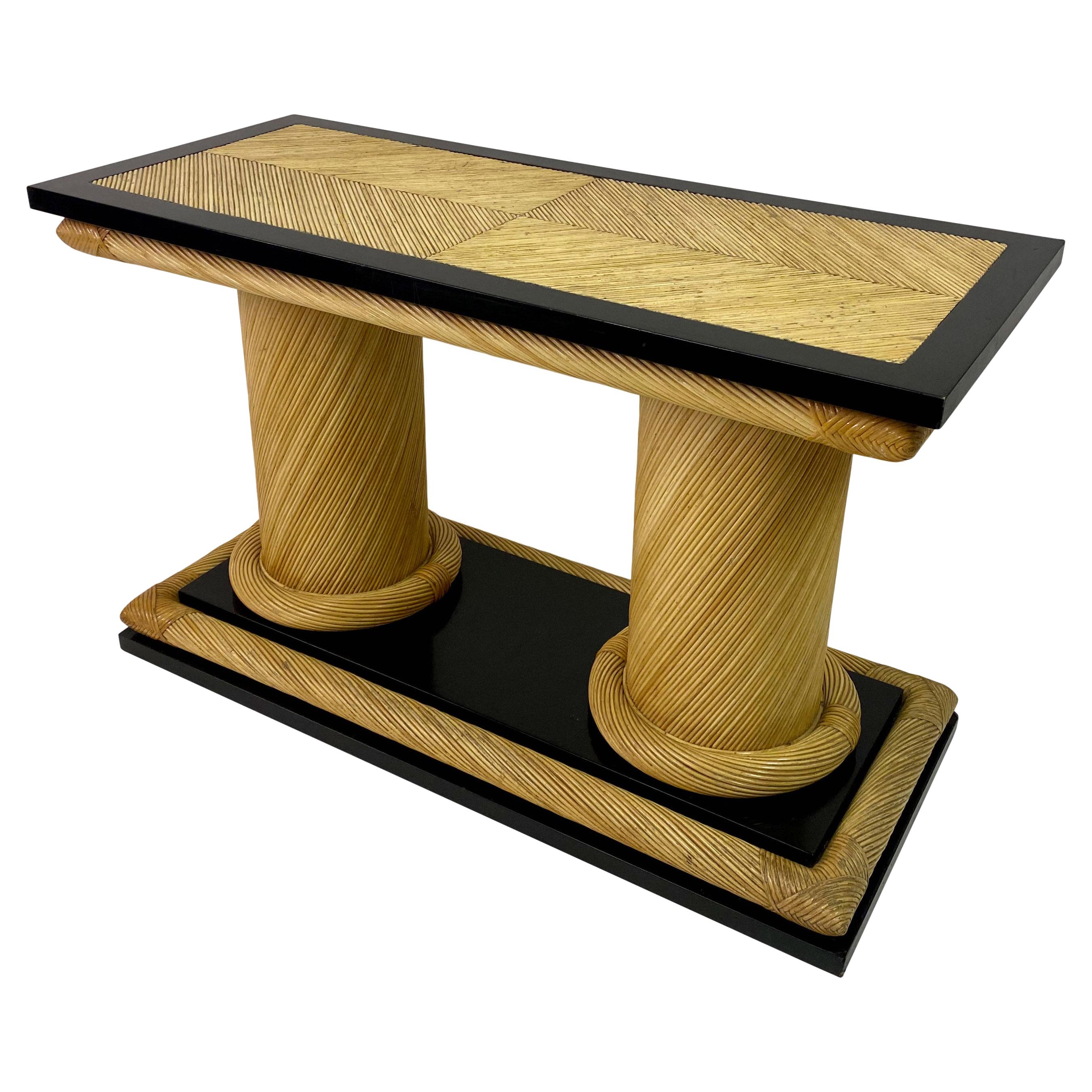 1970s Howard Dilday Organic Rattan Console Table with Black Lacquer ...
