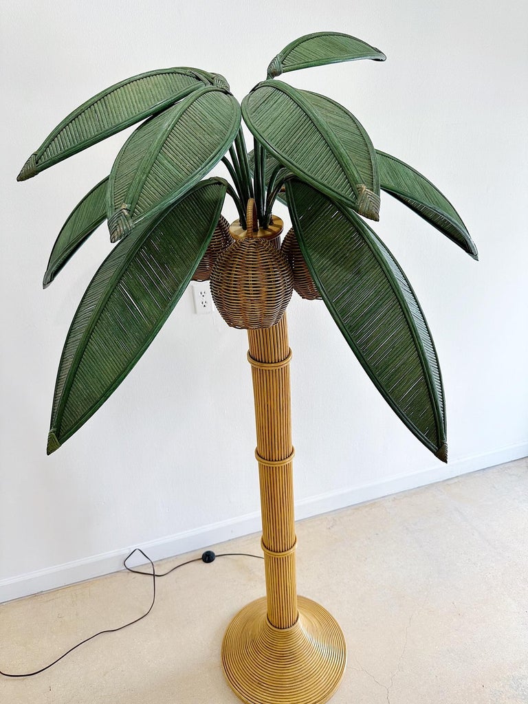 1970s Rattan and Wicker Palm Tree Floor Lamp For Sale at 1stDibs