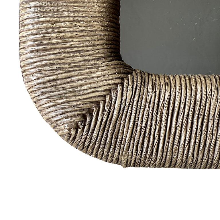 1970s Rectangular Tall Rattan Wrapped Faux Wood Mirror at 1stDibs