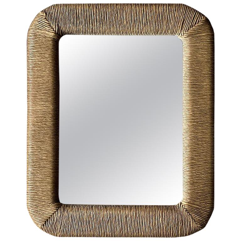 1970s Rectangular Tall Rattan Wrapped Faux Wood Mirror at 1stDibs